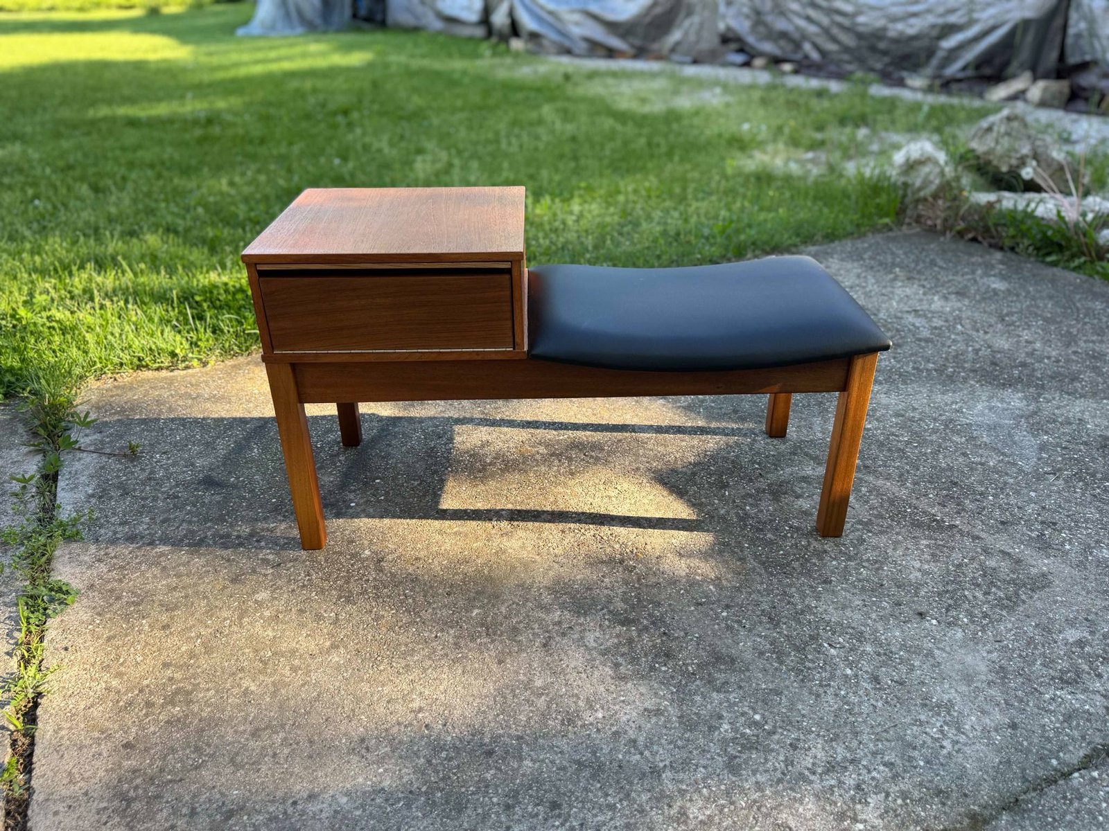 Vintage Teak Telephone Bench with Vinyl Seat, 1960s for sale at Pamono
