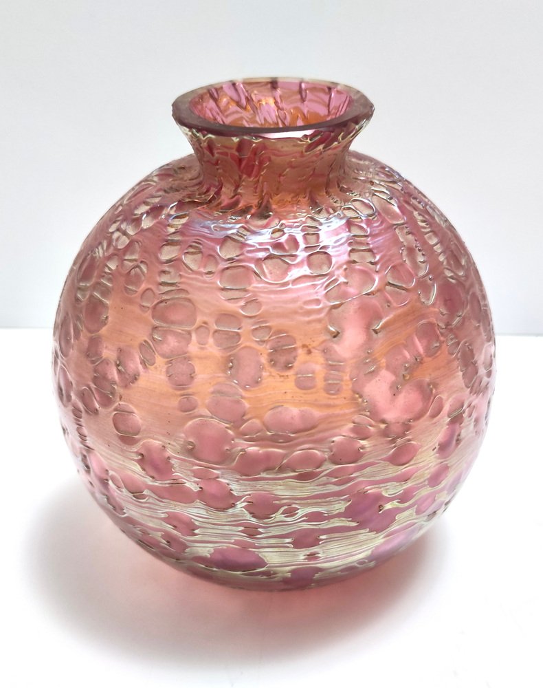 Vintage Pink Iridescent Etched Blown Glass Diaspora Vase attributed to ...