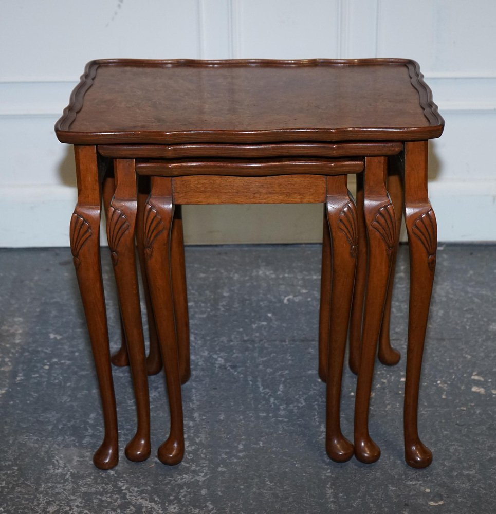 Art Deco Burr Walnut Nesting Tables with Queen Anne Legs, 1920s, Set of ...