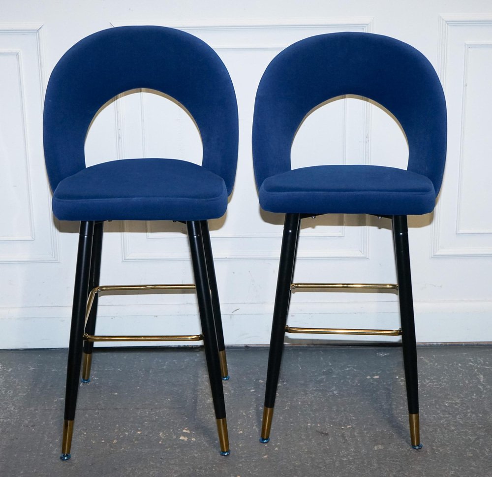 Blue Velvet Bar Chairs with Gold Detail on the Frame for sale at Pamono