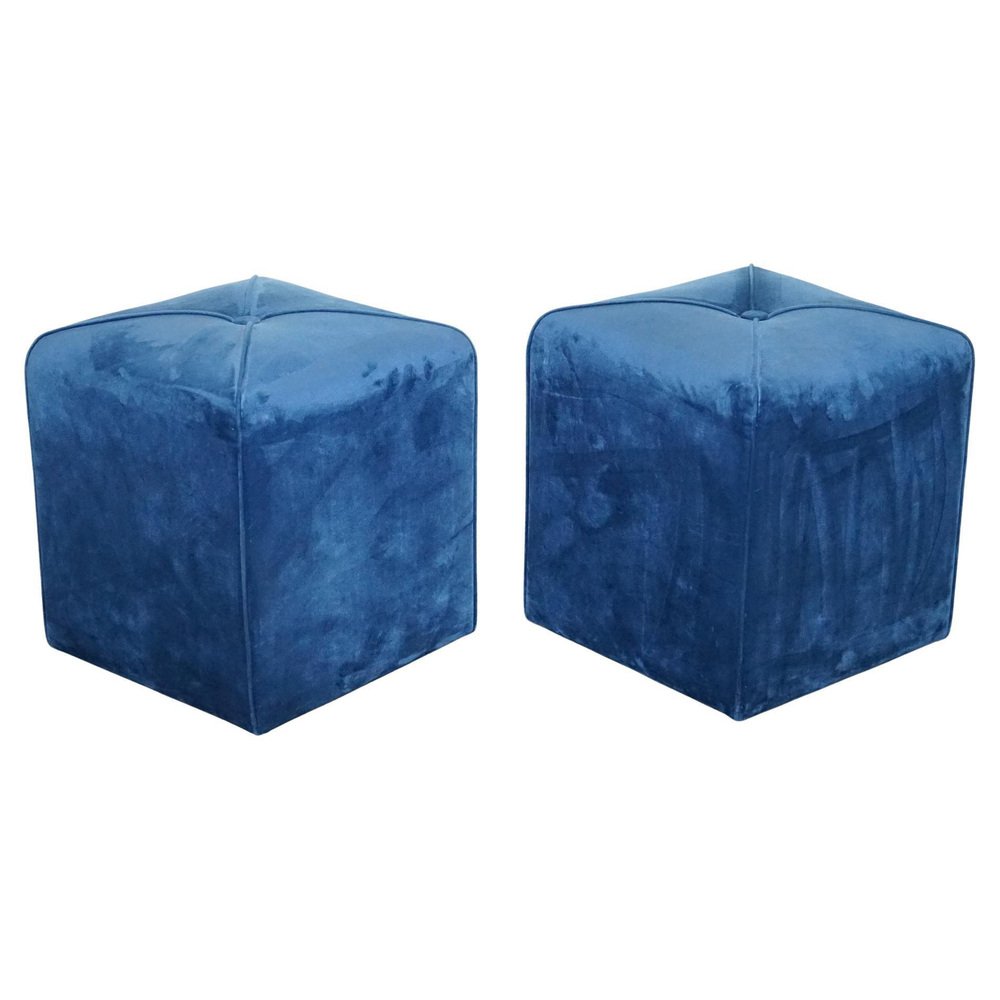 Art Deco Blue Velvet Touch Fabric Blue Stools, Set of 2 for sale at Pamono