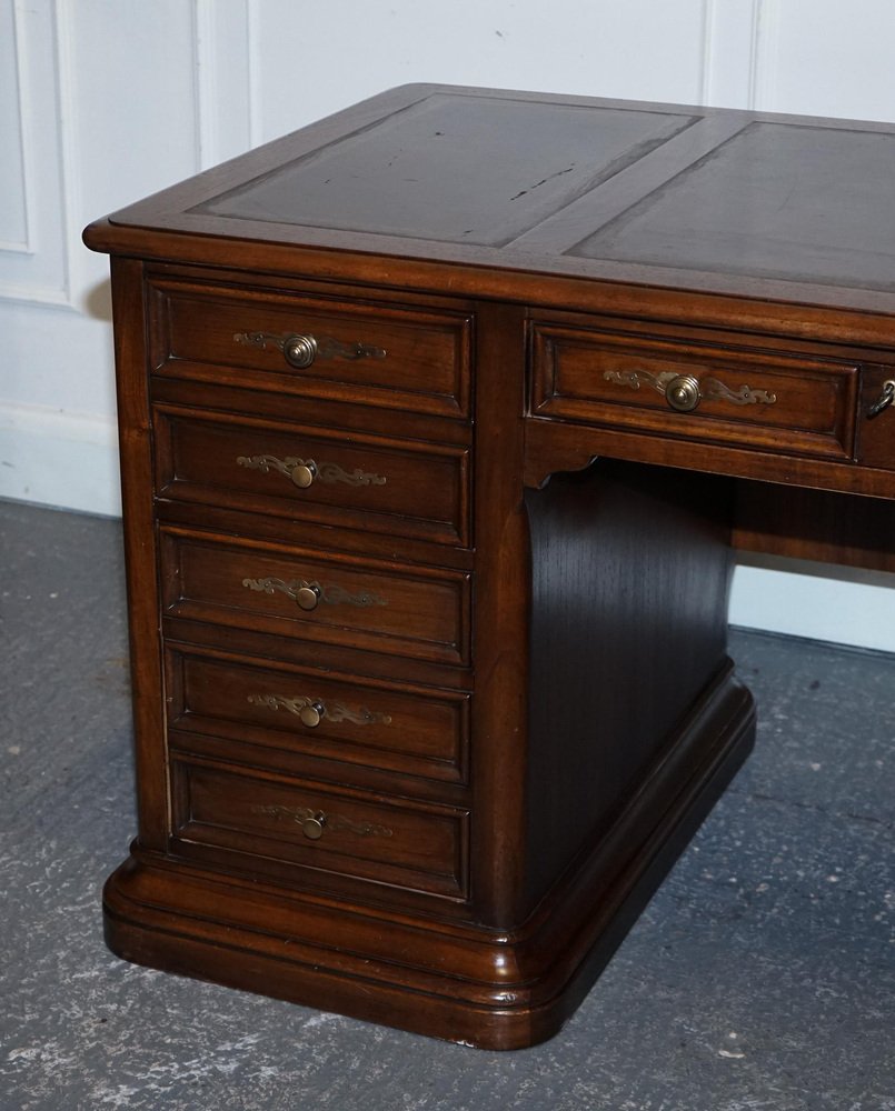 Vintage Hekman Usa Twin Pedestal Desk with Brown Leather Top Brass ...