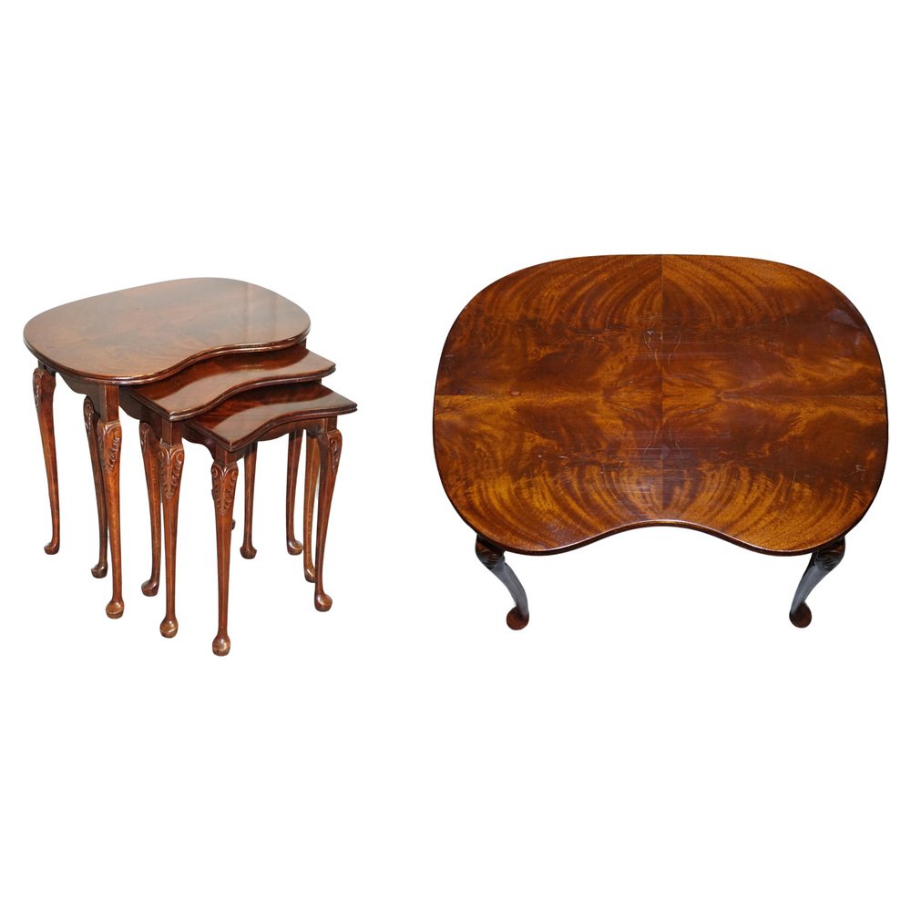 Vintage Kidney Shape Flamed Mahogany Nest of Three Tables with Queen ...