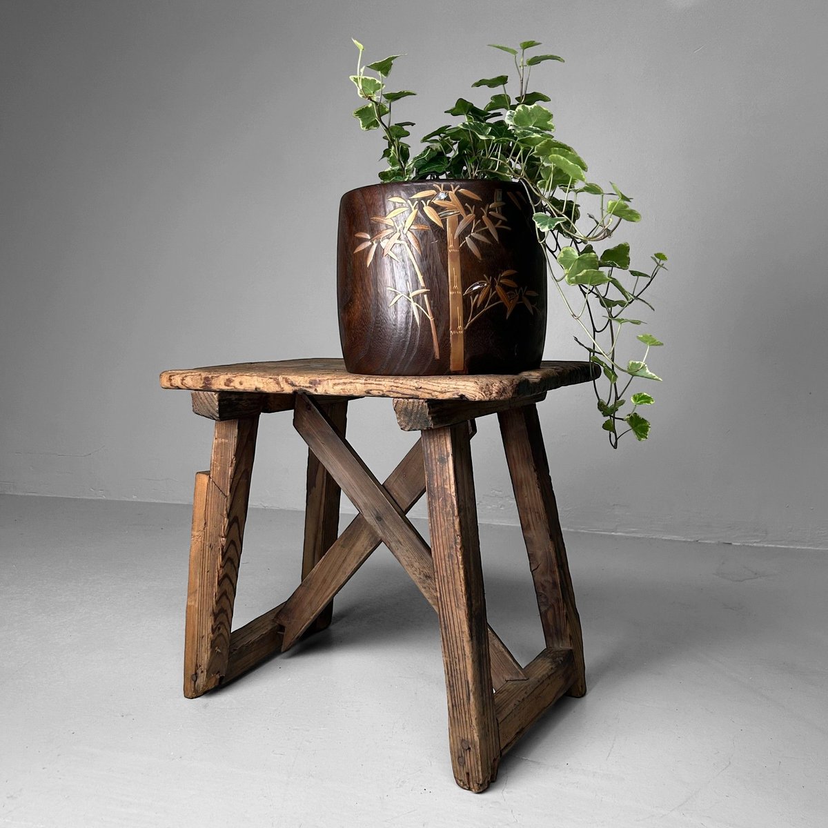 Vintage Japanese Wooden Stool, 1920s for sale at Pamono