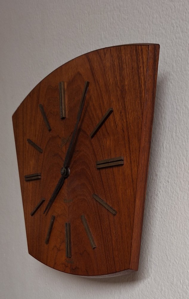 Vintage German Wall Clock with Teak Dial and Brass Numbers from Schatz ...