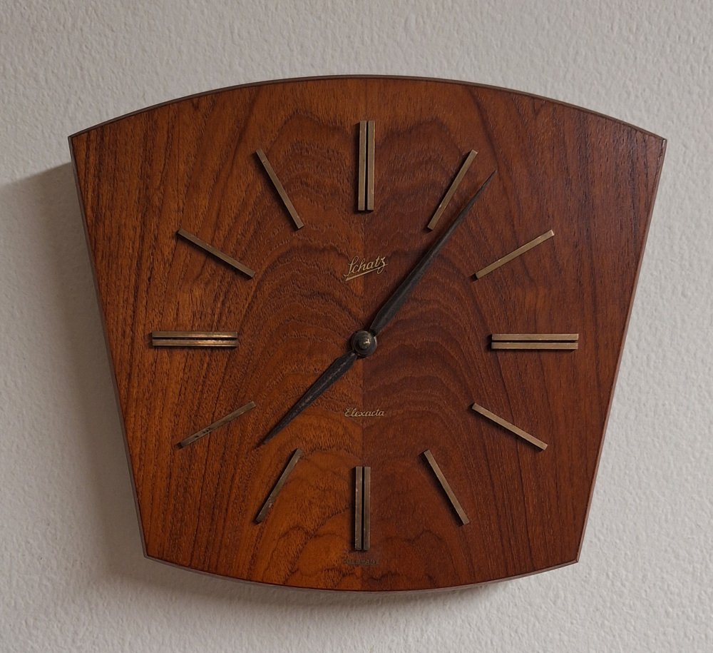 Vintage German Wall Clock with Teak Dial and Brass Numbers from Schatz ...