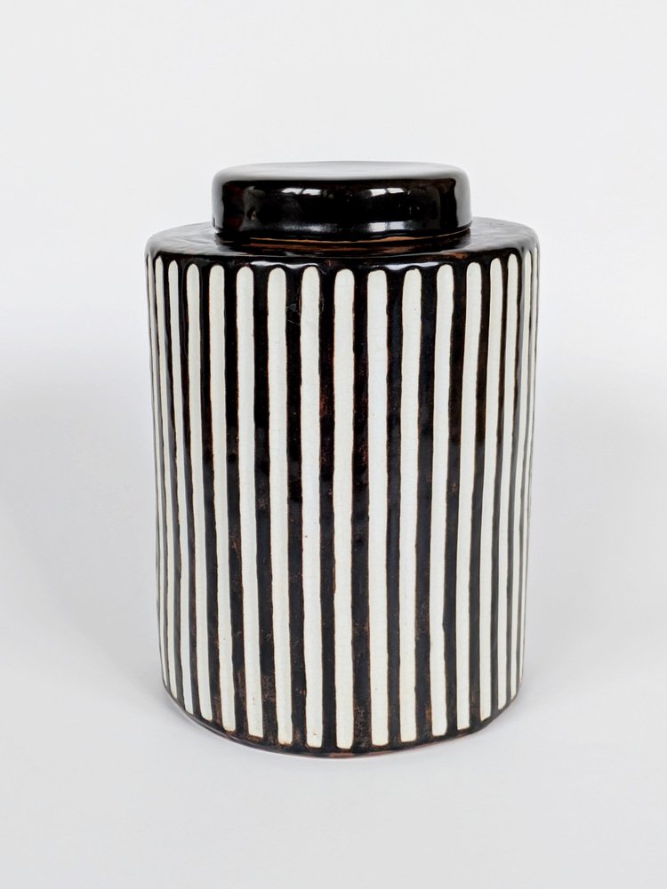 Large Midcentury Modern Ceramic Lidded Jar with Brown and Cream Stripes ...
