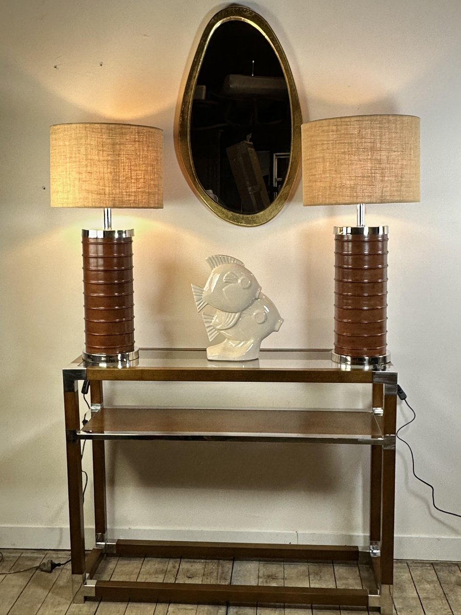 Leather and Metal Covered Lamp, 1990s for sale at Pamono