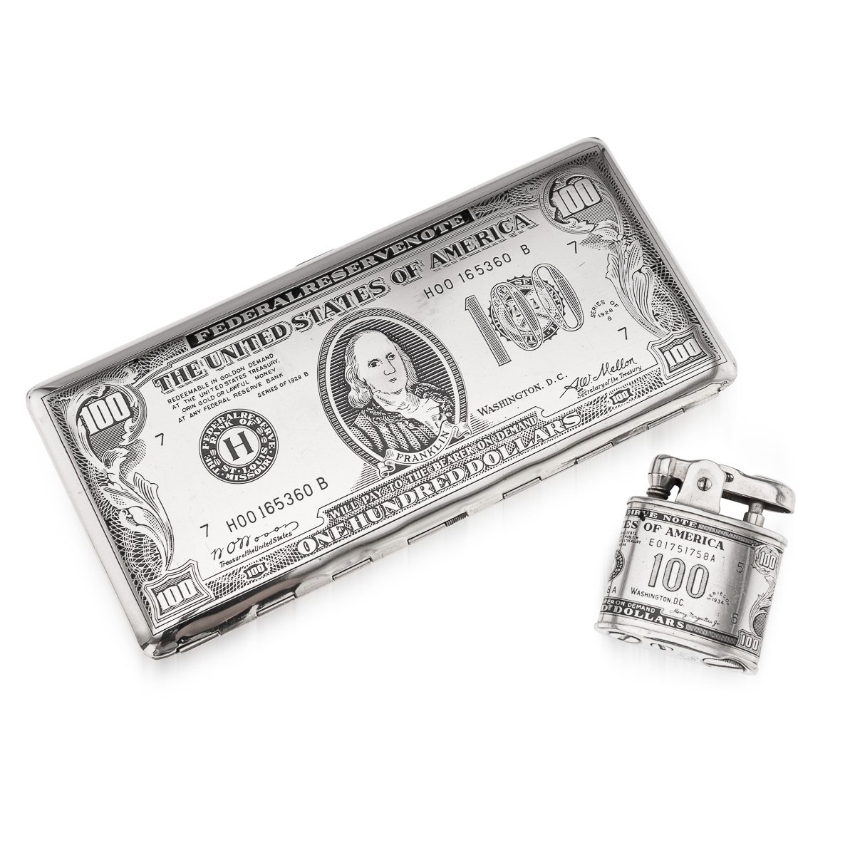 20th Century American Silver-Plated Cigarette Case & Lighter Shaped as ...