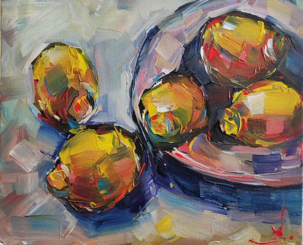 Vivek Mandalia, Bowl of Lemons, Oil on Canvas for sale at Pamono