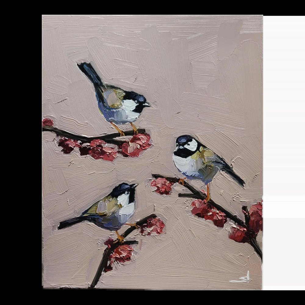 Vivek Mandalia, Chickadees, Oil on Canvas for sale at Pamono