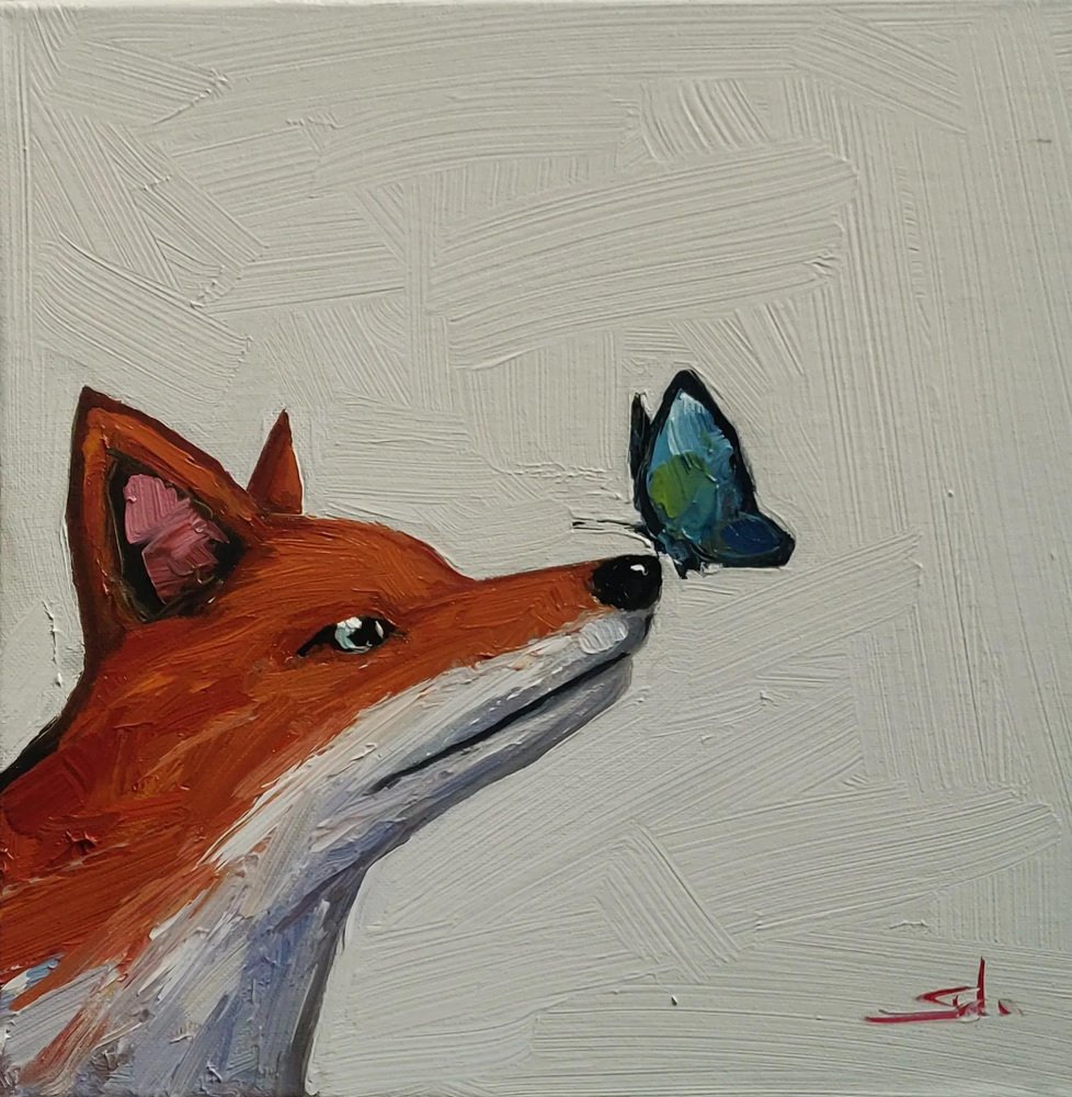 Vivek Mandalia, Fox and Butterfly, Oil on Canvas for sale at Pamono