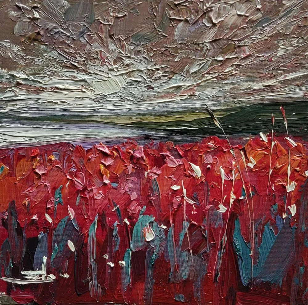 Vivek Mandalia, Pink Flowers Landscape, Oil on Canvas for sale at Pamono