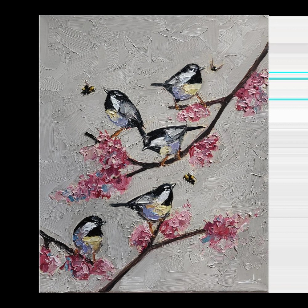 Vivek Mandalia, Chickadees & Cherry Blossoms, Oil on Canvas for sale at ...