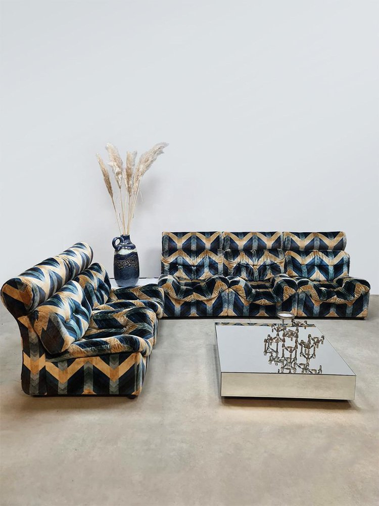 Vintage Velvet Modular Sofa with Geometric Lines, 1970s for sale at Pamono