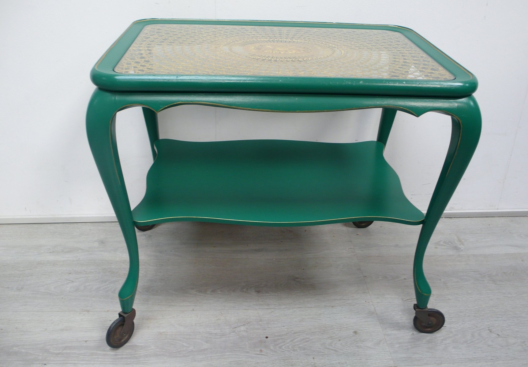 Chippendale Style Side Table on Wheels with Vienna Style Rattan and ...