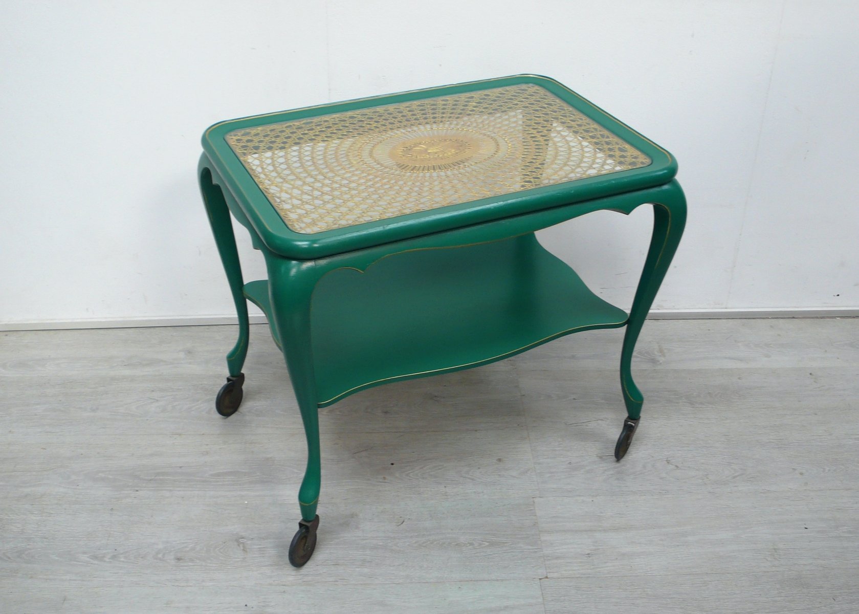 Chippendale Style Side Table on Wheels with Vienna Style Rattan and ...