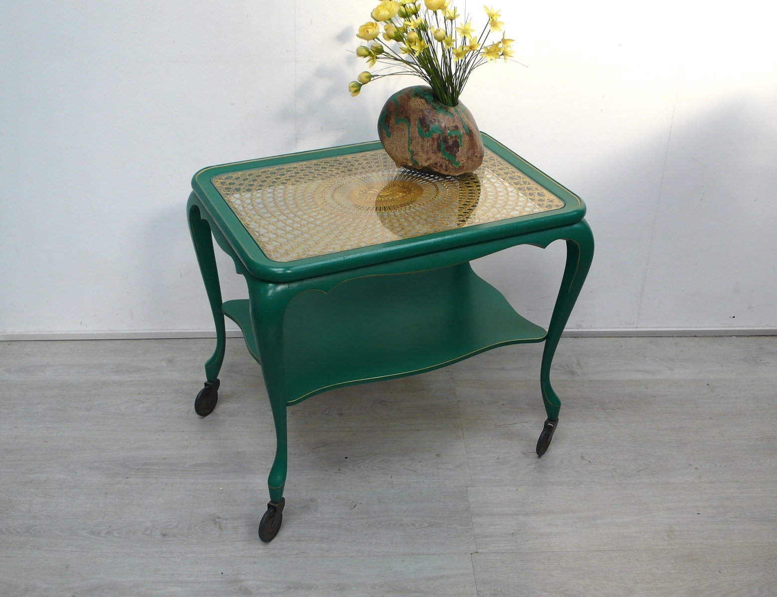 Chippendale Style Side Table on Wheels with Vienna Style Rattan and ...