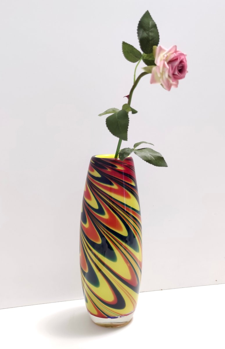 Postmodern Black, Red and Yellow Encased Hand-Blown Murano Glass Flower ...