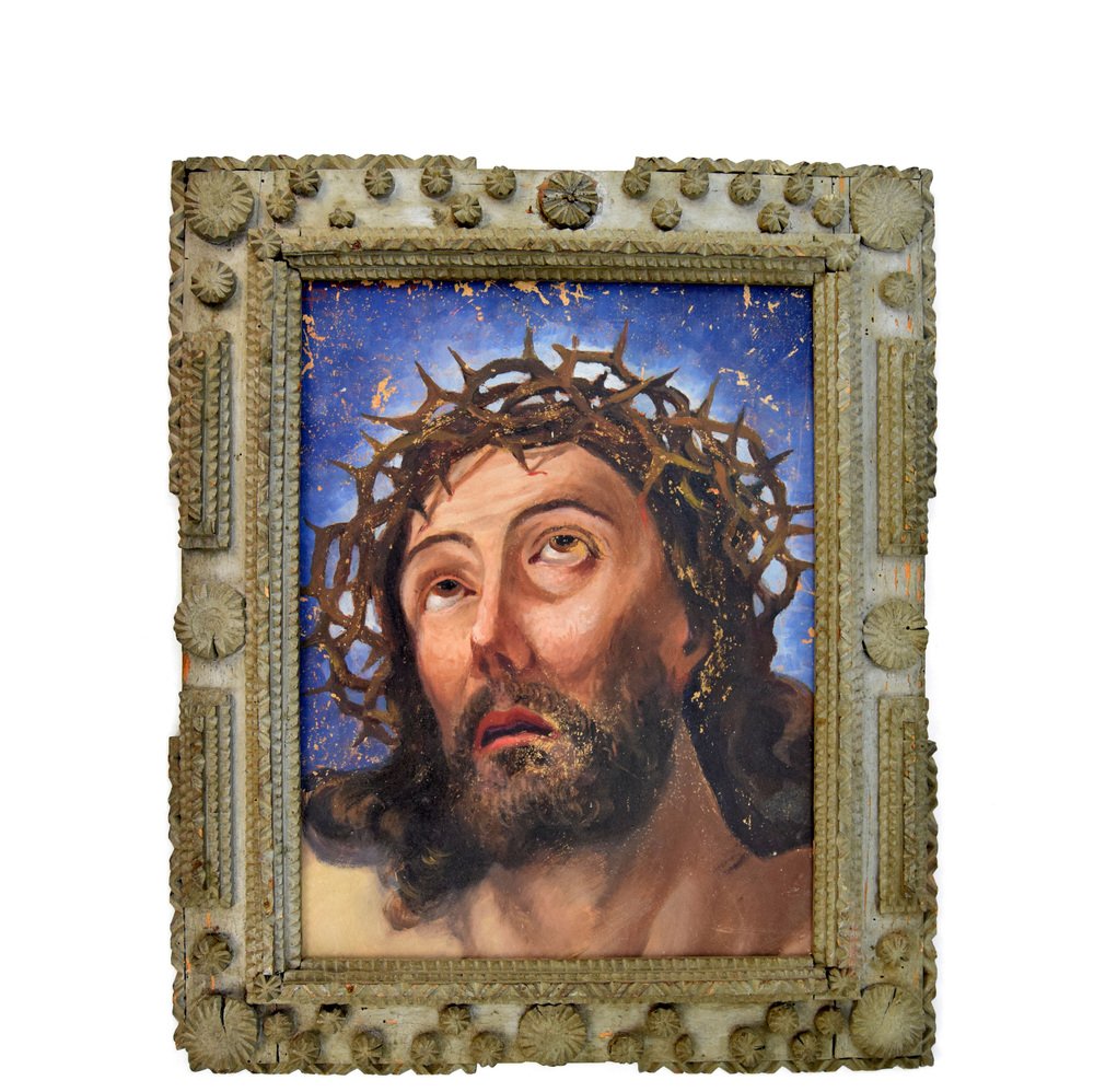 1950s Painting of Jesus in Tramp Art Frame for sale at Pamono