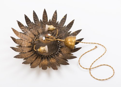 1960s Spanish Gilt Metal Sunburst Flower Ceiling Light Fixture / Pendant Lamp With Sunflower ...