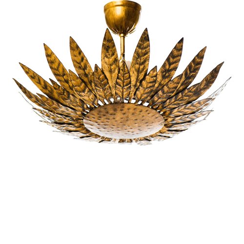1960s Spanish Gilt Metal Sunburst Flower Ceiling Light Fixture / Pendant Lamp With Sunflower ...