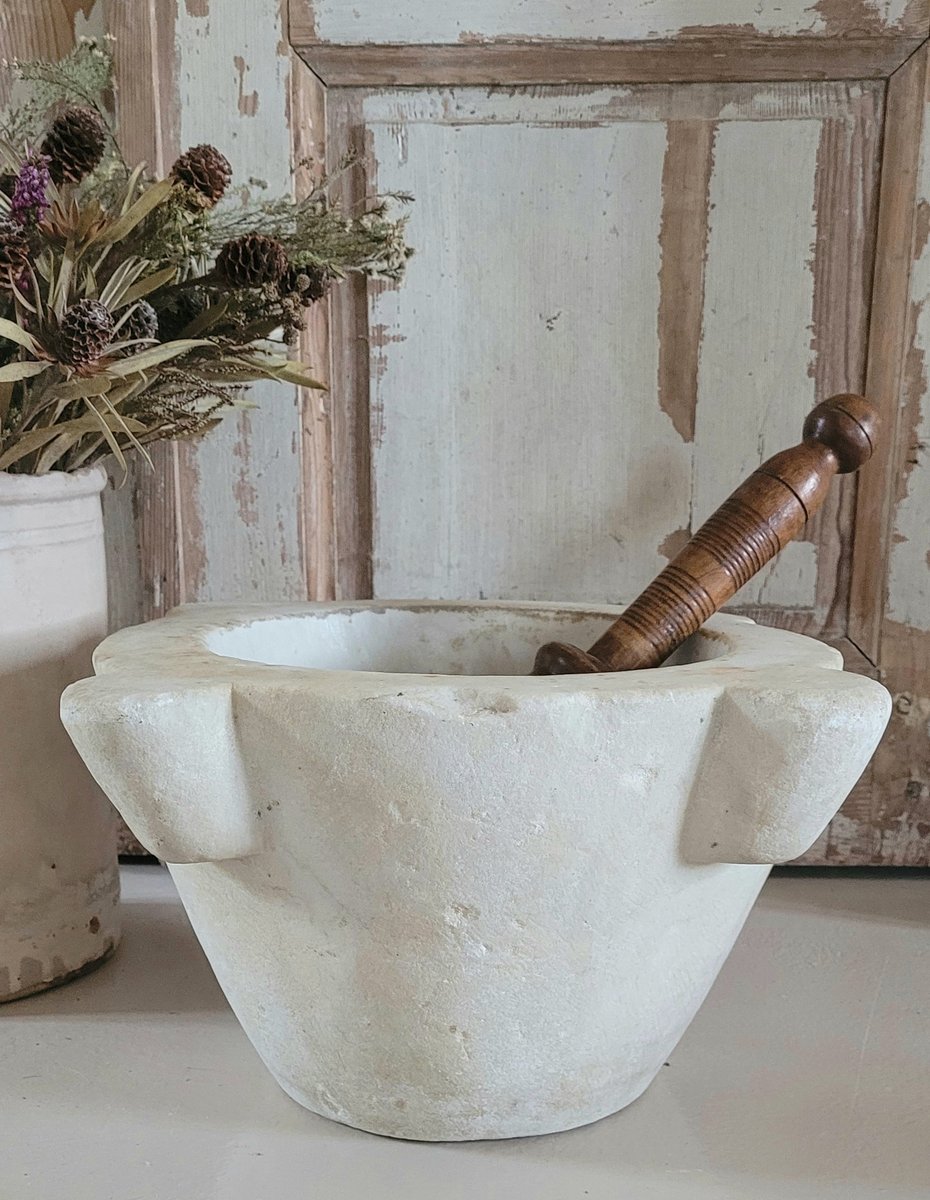 Large Antique Italian Marble Mortar and Wooden Pestle, 19th Century, Set of 2 for sale at Pamono