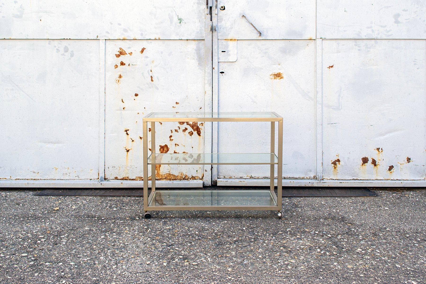 Console Table in Brass and Glass with Wheels, 1970s for sale at Pamono