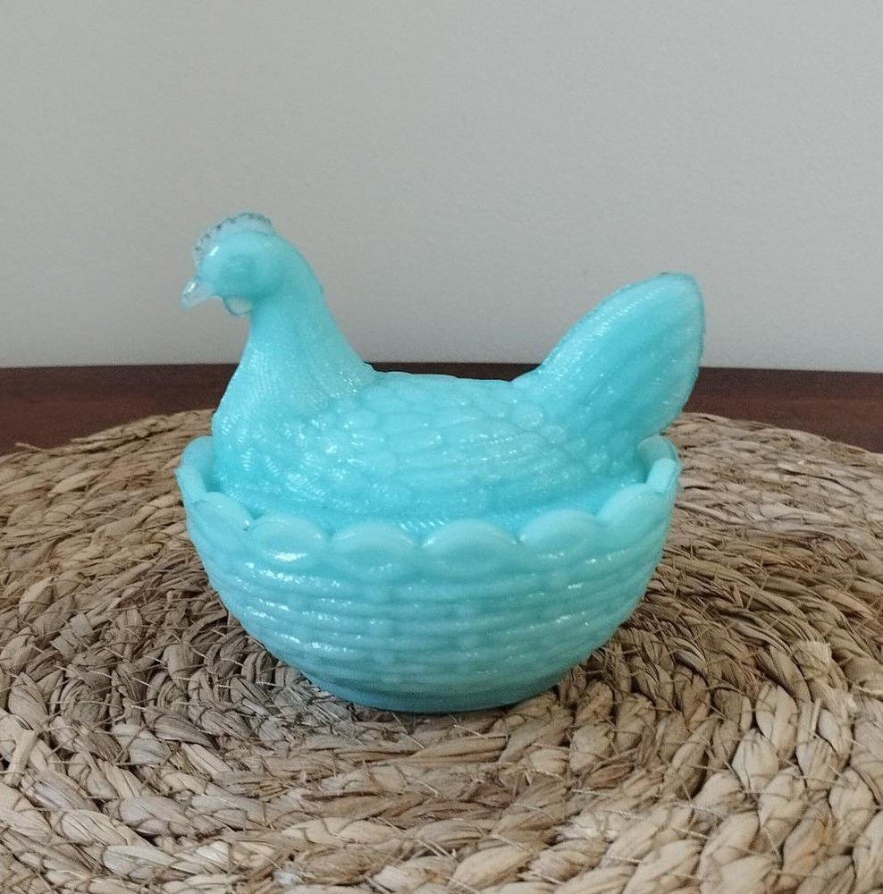 Zoomorphic Sugar Bowl in the Shape of Hen in Blue Opaline from Portieux ...