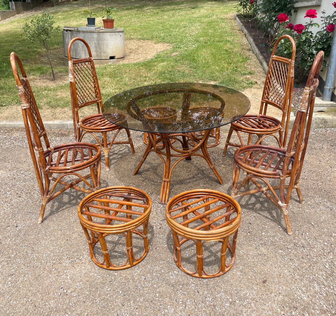 Vintage Rattan Wicker Dining Room Set with Glass Table, 1970s, Set of 9 ...