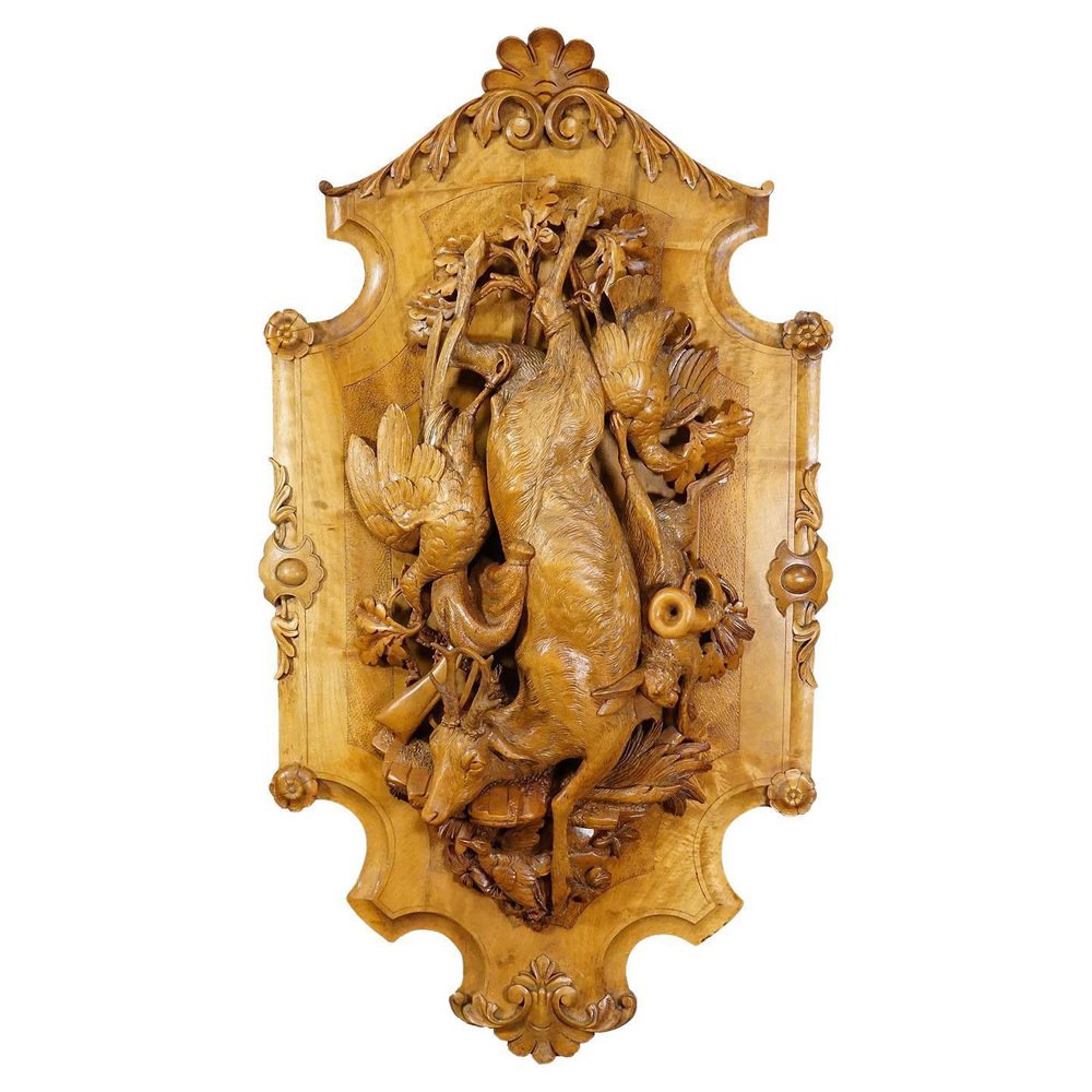 Large Antique Wooden Carved Black Forest Game Plaque with Deer, 1900 ...