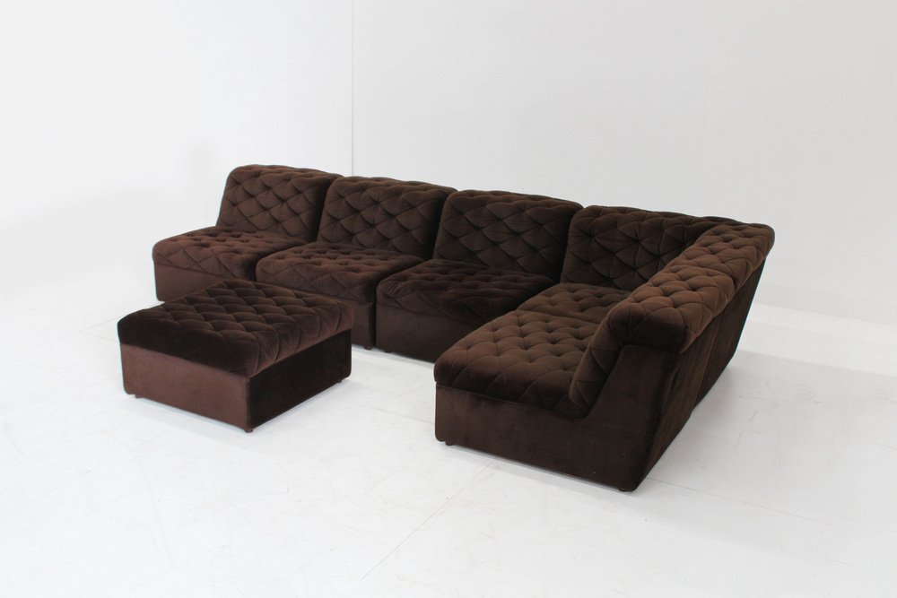 Vintage Modular Sofa in Brown Velvet, 1970s , Set of 6 for sale at Pamono