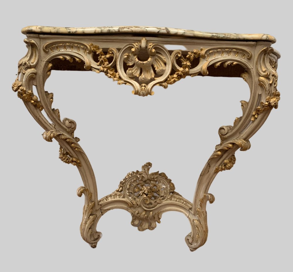 Rococo Console Table in Patinated and Gilded Wood for sale at Pamono
