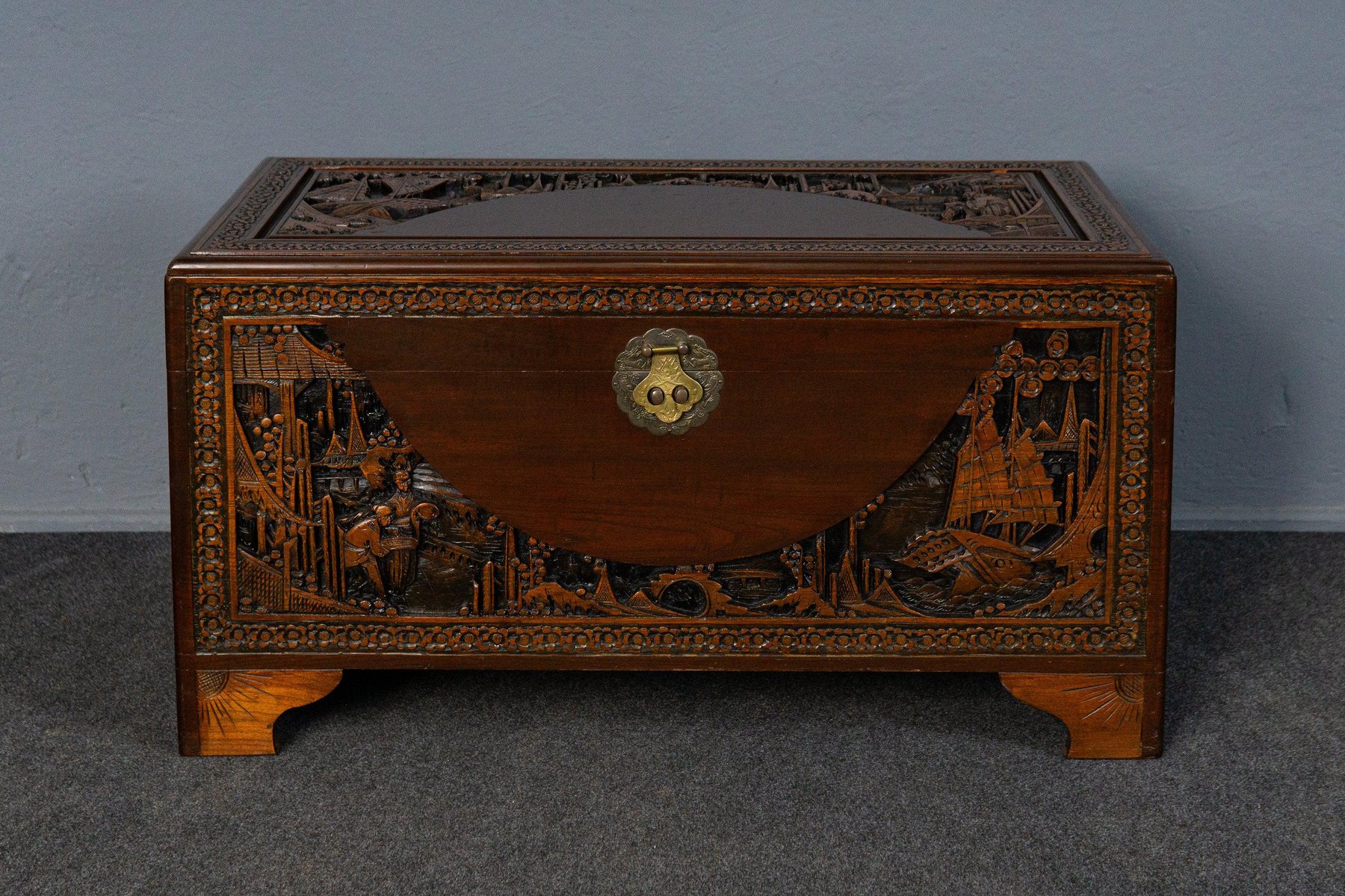 Vintage Asian Chest with Carved Feet for sale at Pamono