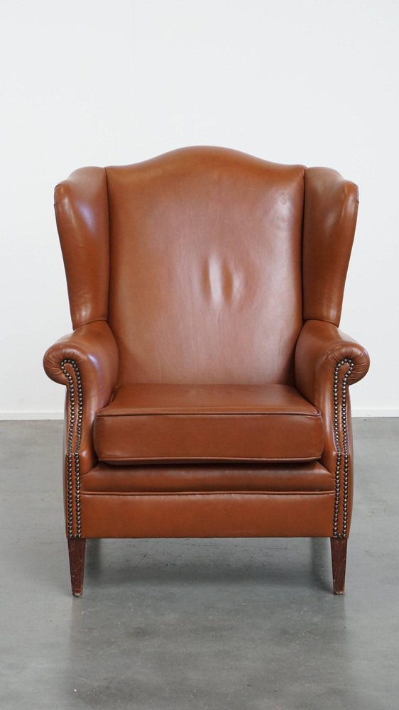 English Cognac-Colored Cowhide Wing Chair for sale at Pamono