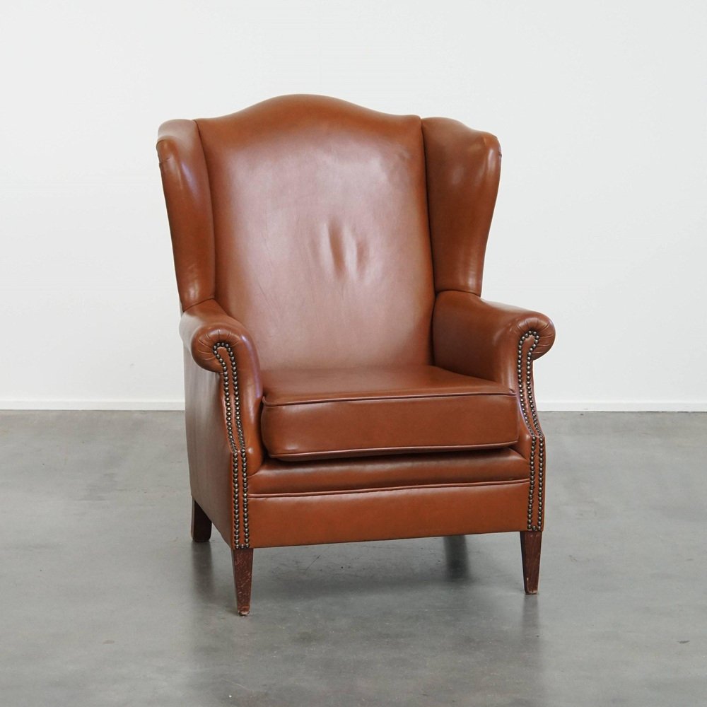 English Cognac-Colored Cowhide Wing Chair for sale at Pamono