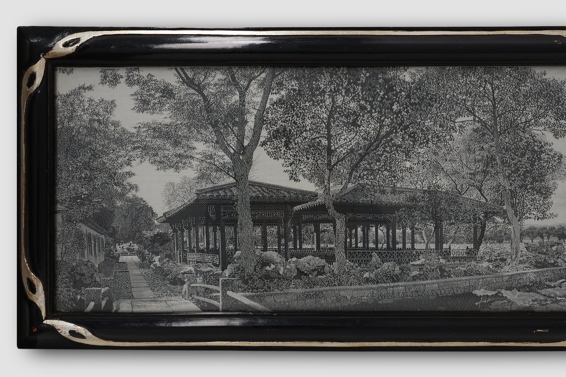 Framed Artwork on Silk of a Chinese Waterside Tea House, France, 1910 ...