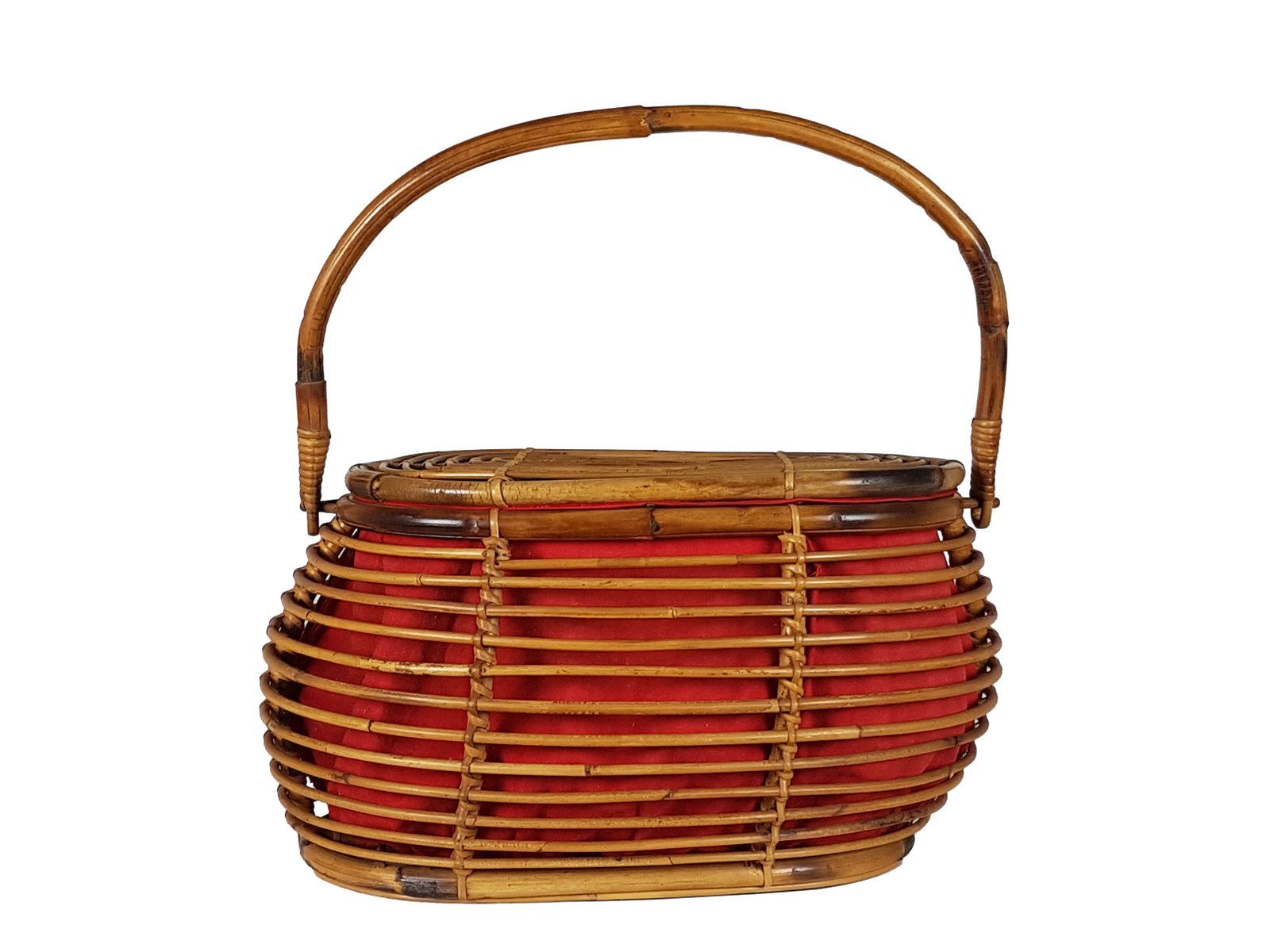 Vintage Italian Red Wool and Rattan Basket, 1960s for sale at Pamono
