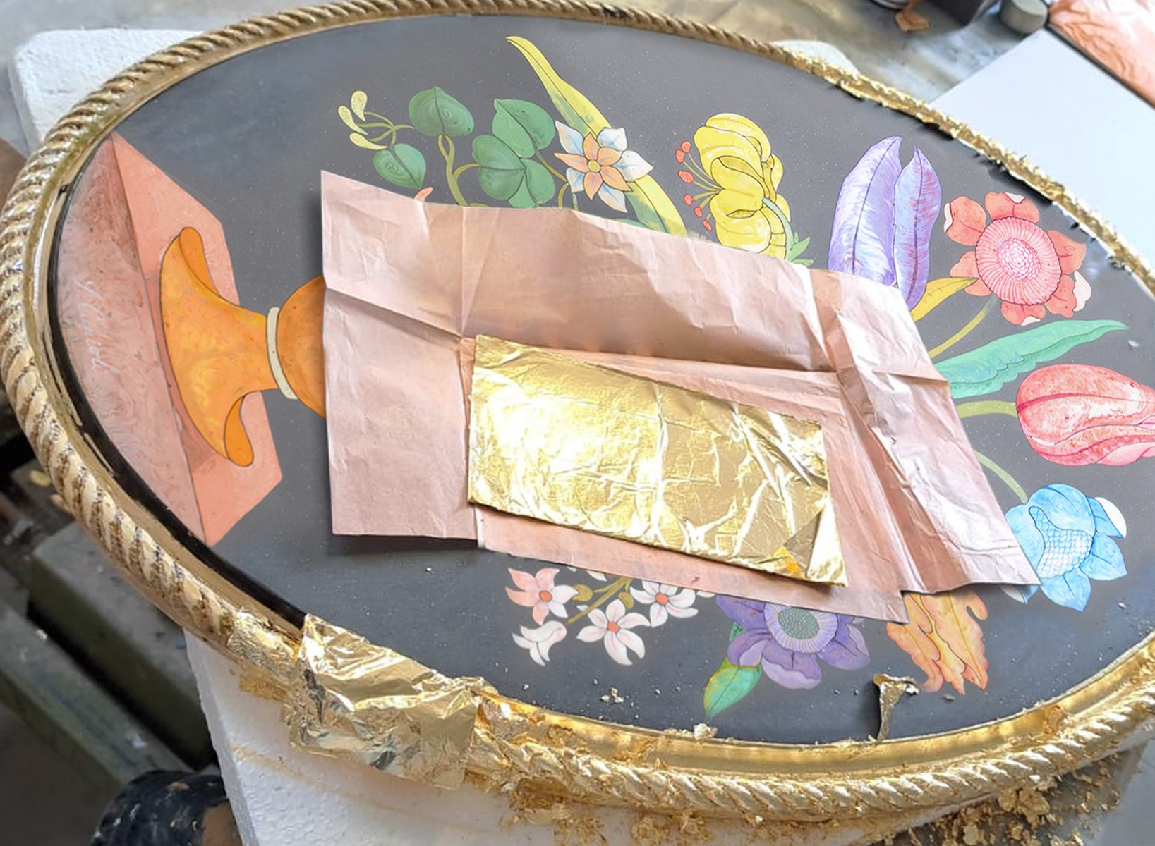 Black Oval Frame Inlay Flowers Scagliola Polychrome and Gold Frame from ...