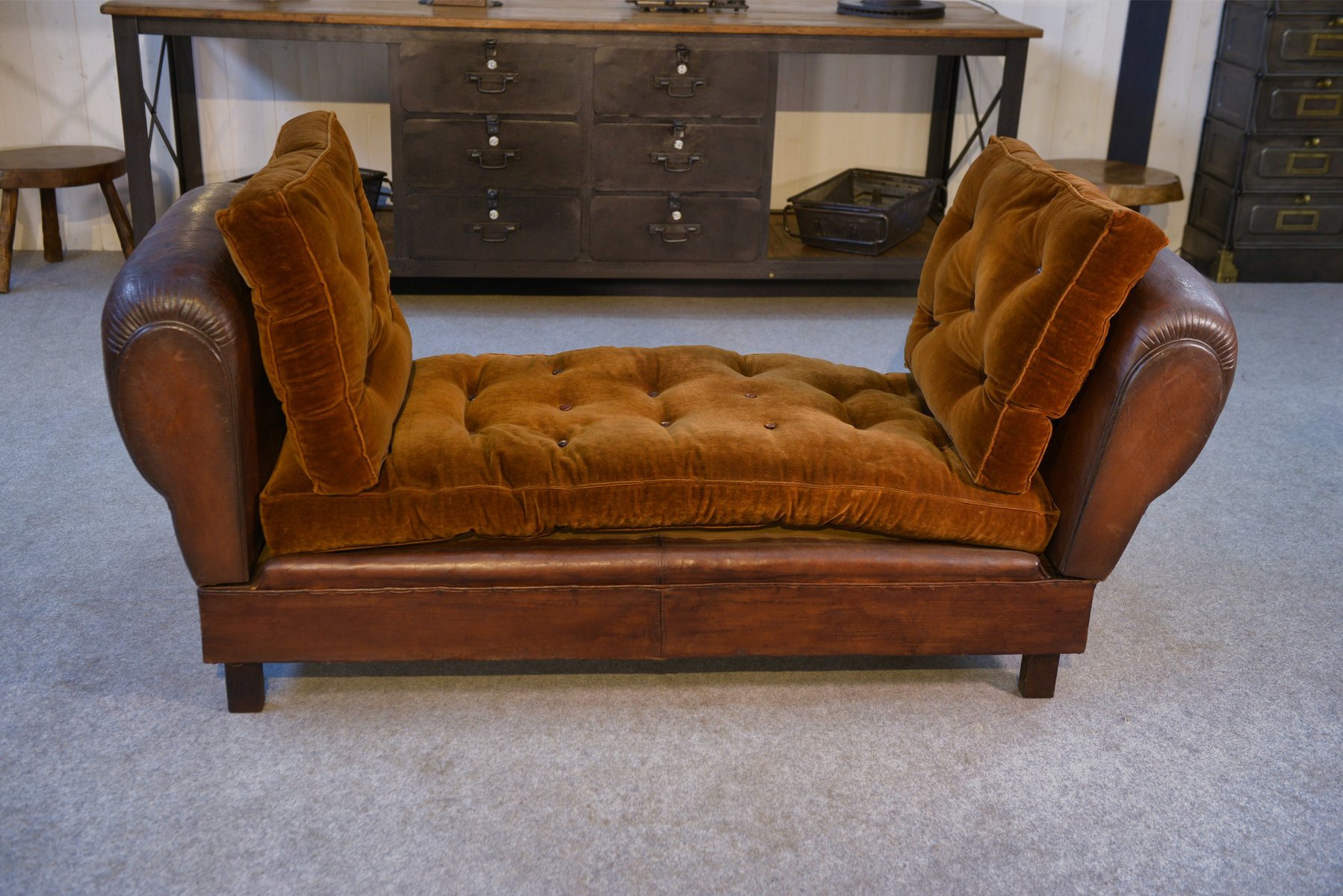 Leather Convertible Club Bench with Velvet Seats, 1920s for sale at Pamono