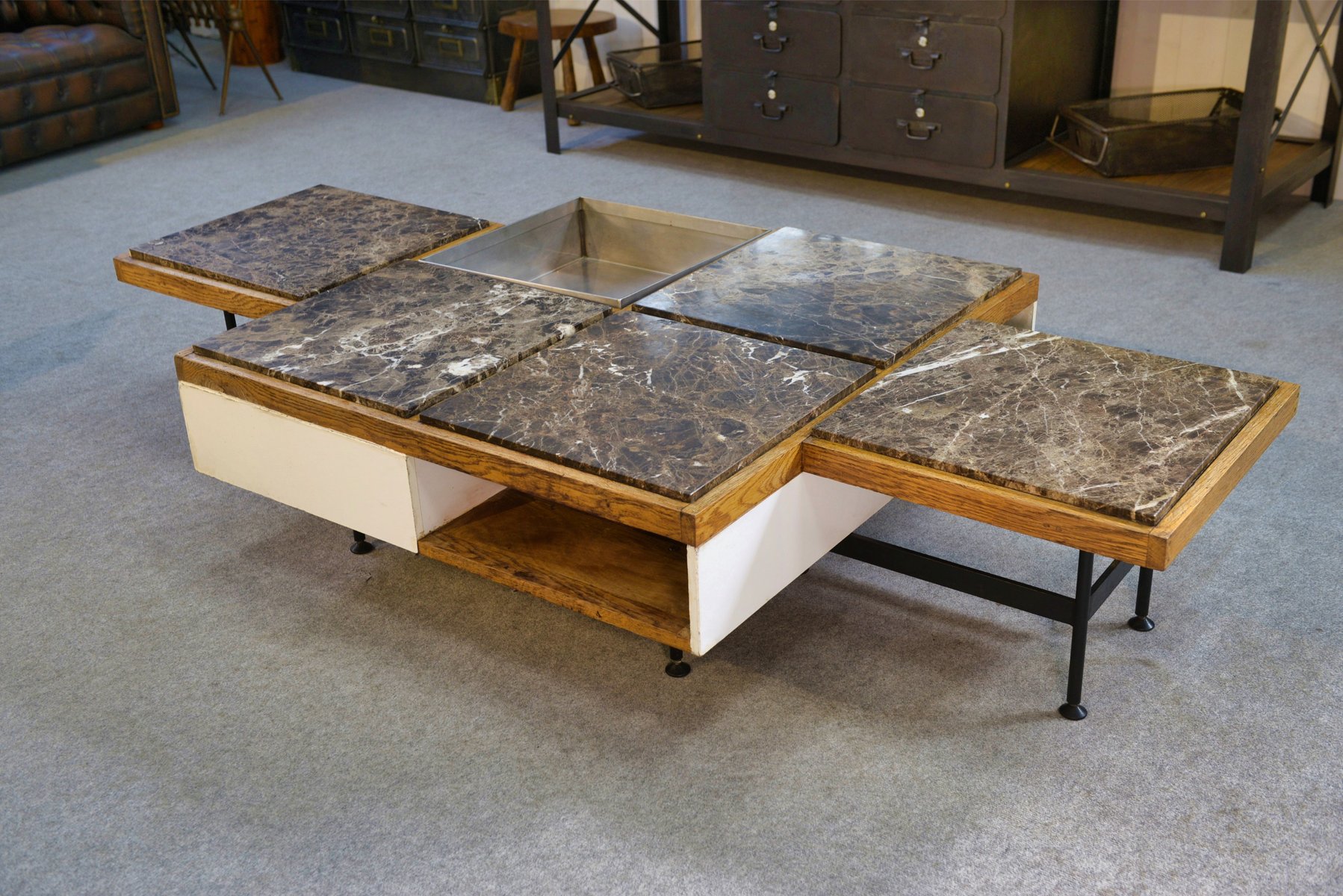 Coffee Table with Steel Base and Oak and Grey Marble Frame, 1970s for ...