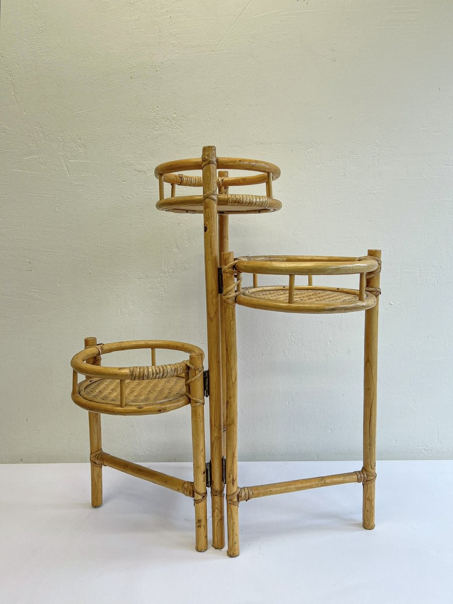 Vintage Foldable Bamboo and Rattan Plant Stand, 1980s for sale at Pamono