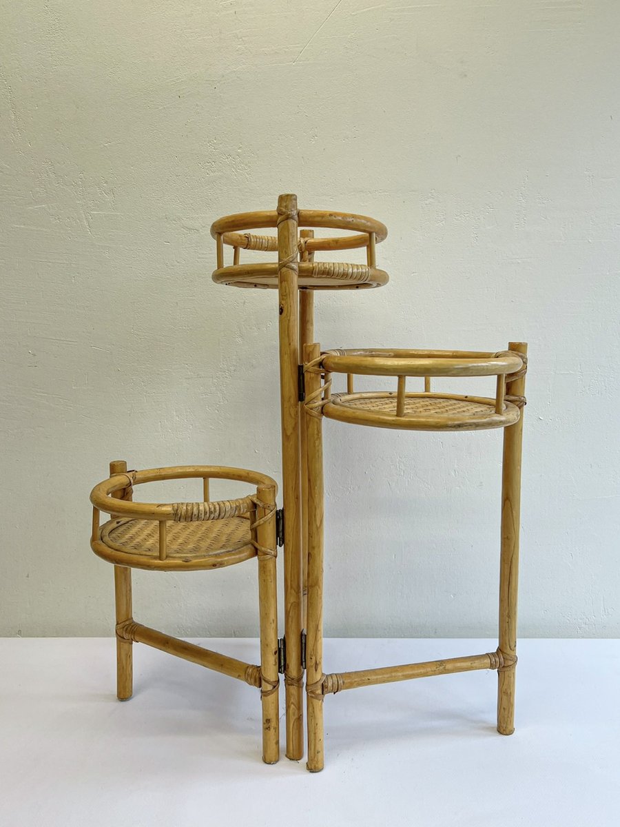Vintage Foldable Bamboo and Rattan Plant Stand, 1980s for sale at Pamono