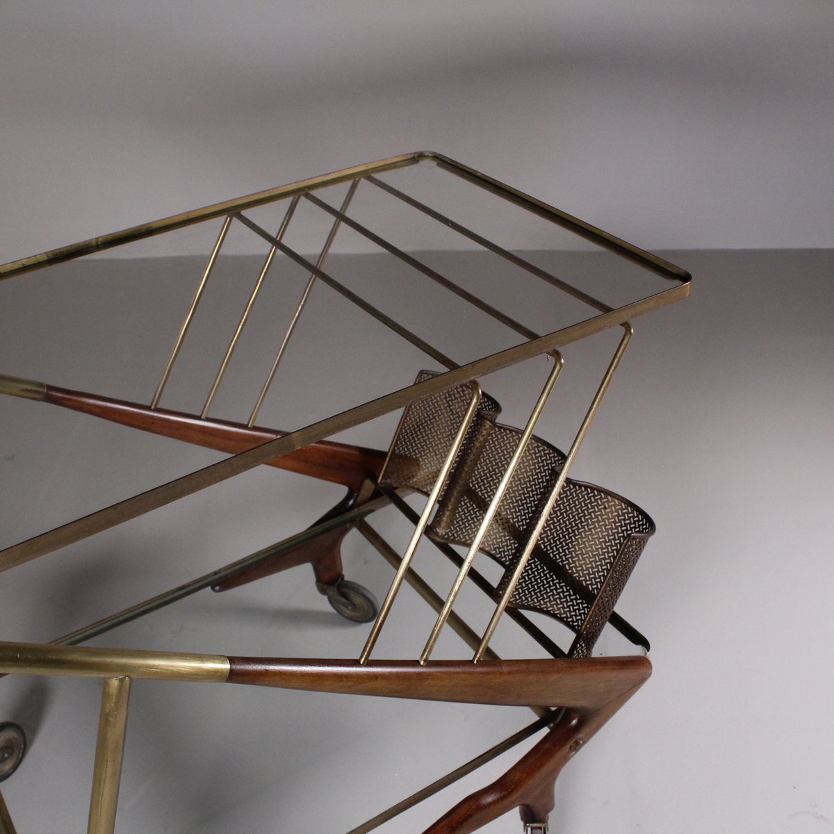 Wood and Brass Trolley with Glass Top, 1950s for sale at Pamono