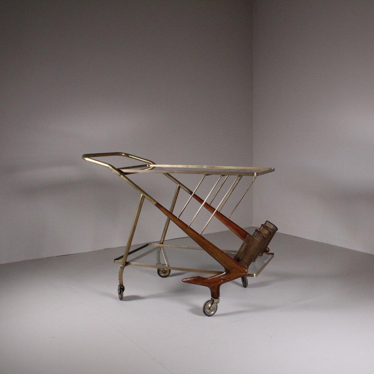 Wood and Brass Trolley with Glass Top, 1950s for sale at Pamono