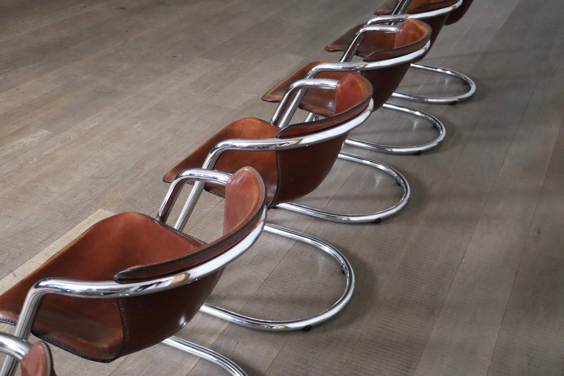 Tubular Chrome and Saddle Leather Dining Chairs from Metaform, 1969 ...