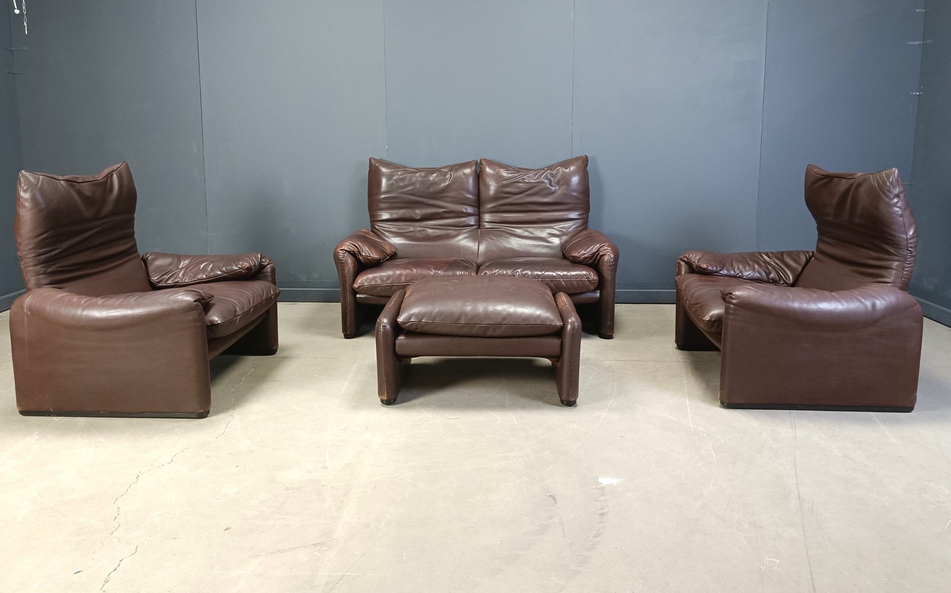 Vintage Leather Maralunga Sofa Set by Vico Magistretti for Cassina ...