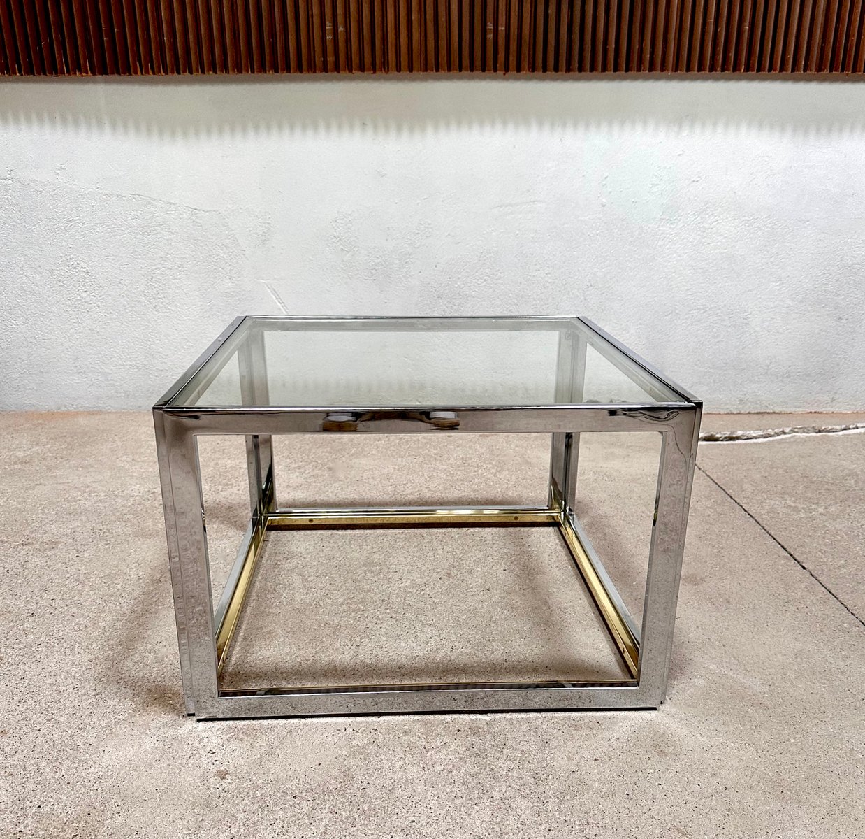 French Cube-Shaped Chrome Side Table with Glass Top and Brass Details ...