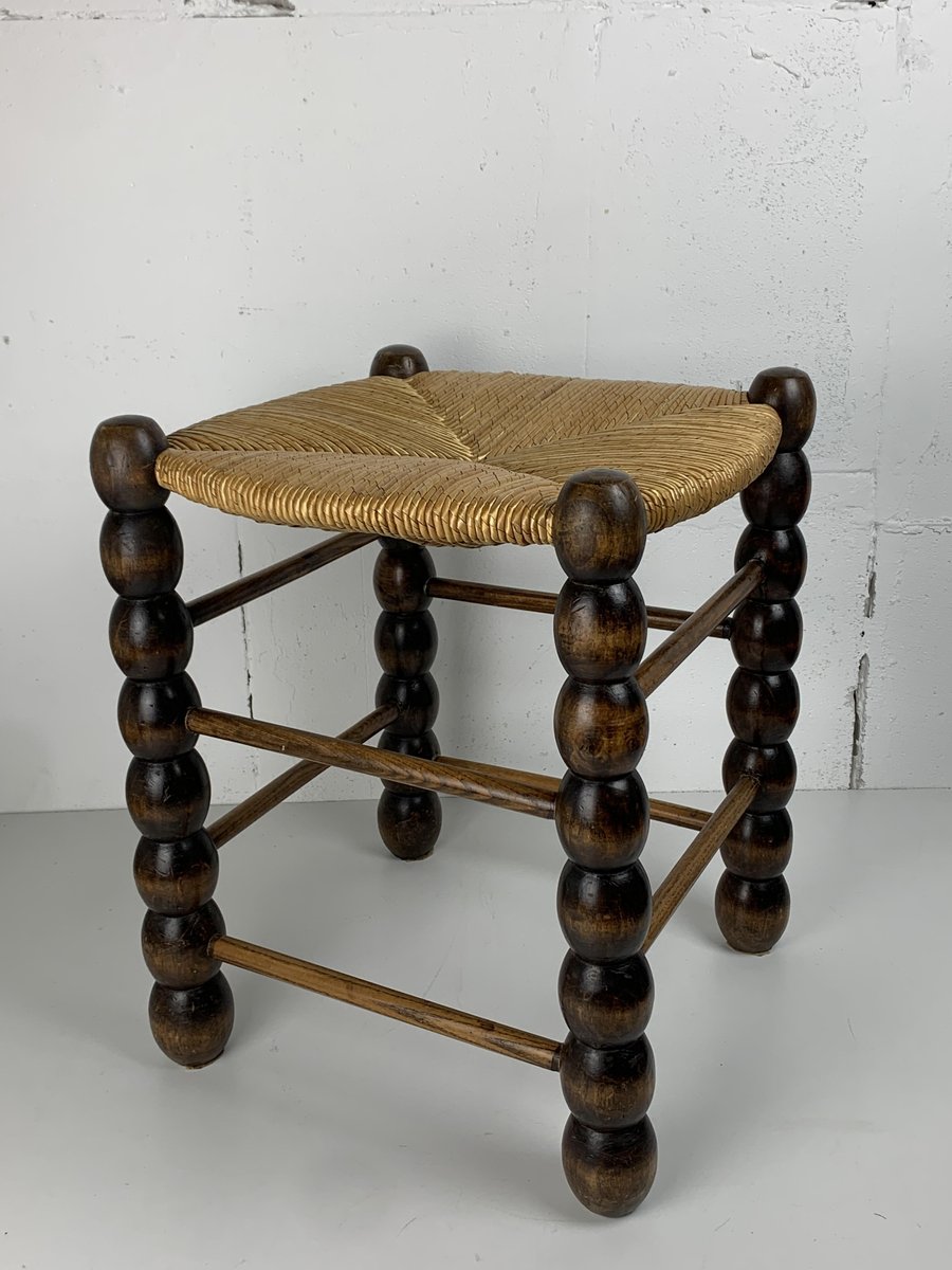 Brutalist Wood Turned Bobbin Rush Stool by Charles Dudouyt, 1950s for ...