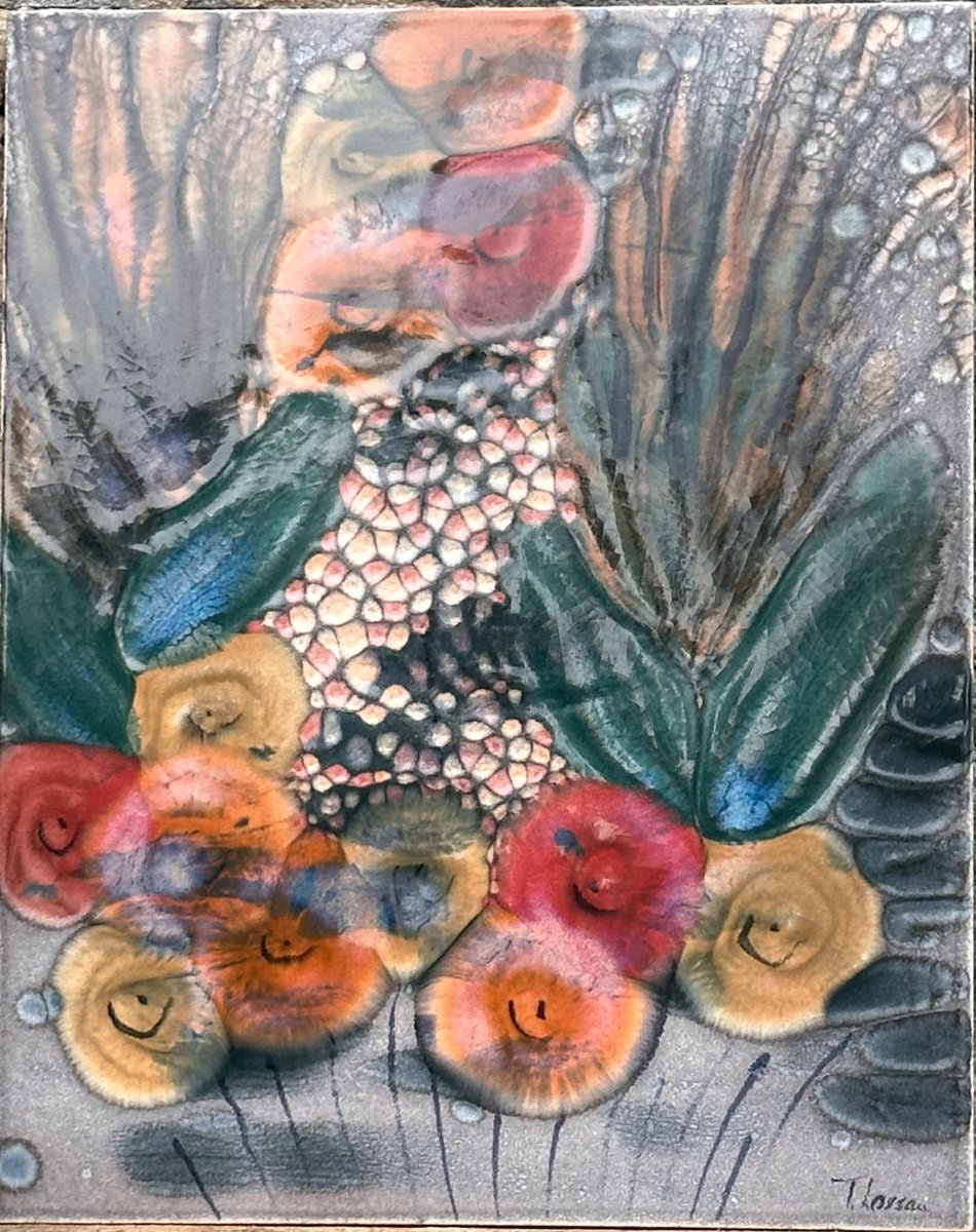 Hand-Painted Ceramic Art Wall Panel or Tile with Flower & Plant Motifs ...